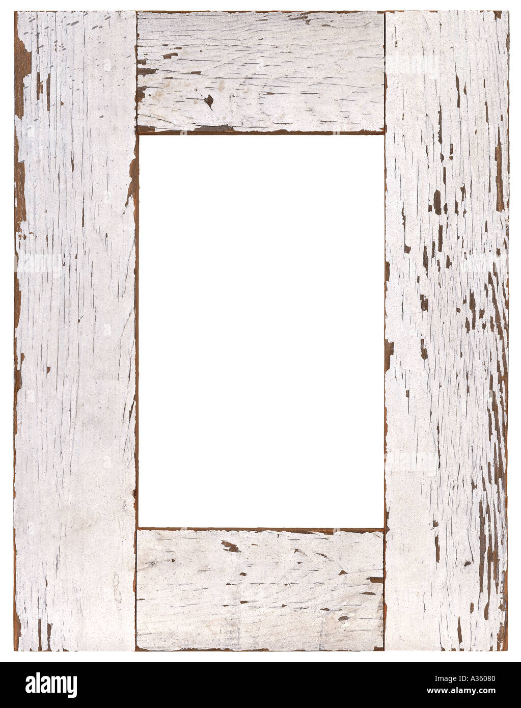 A vertical rectangular aged weathered wooden frame with peeling flaking ...