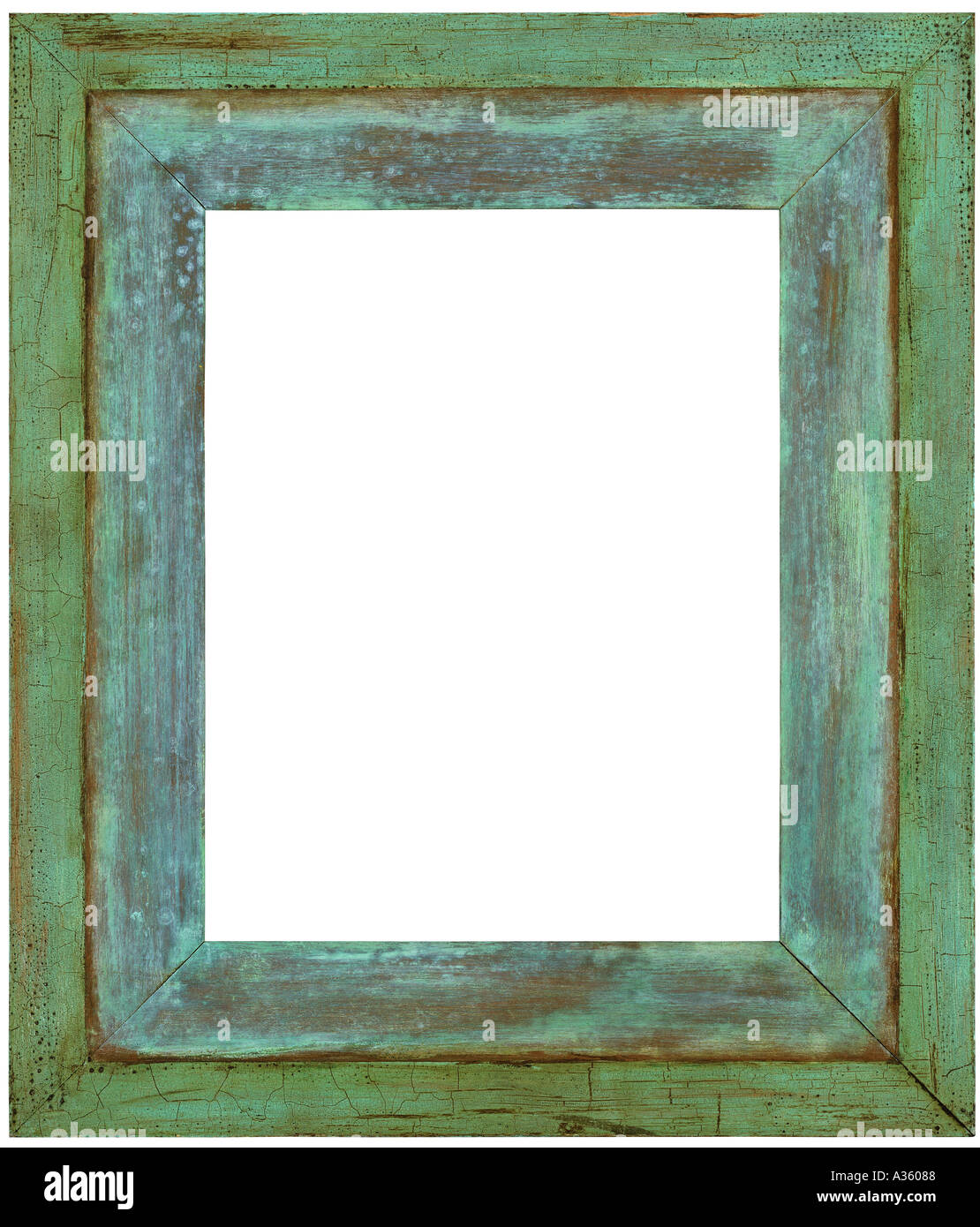 A vertical rectangular wooden frame with an aqua blue and green aged ...