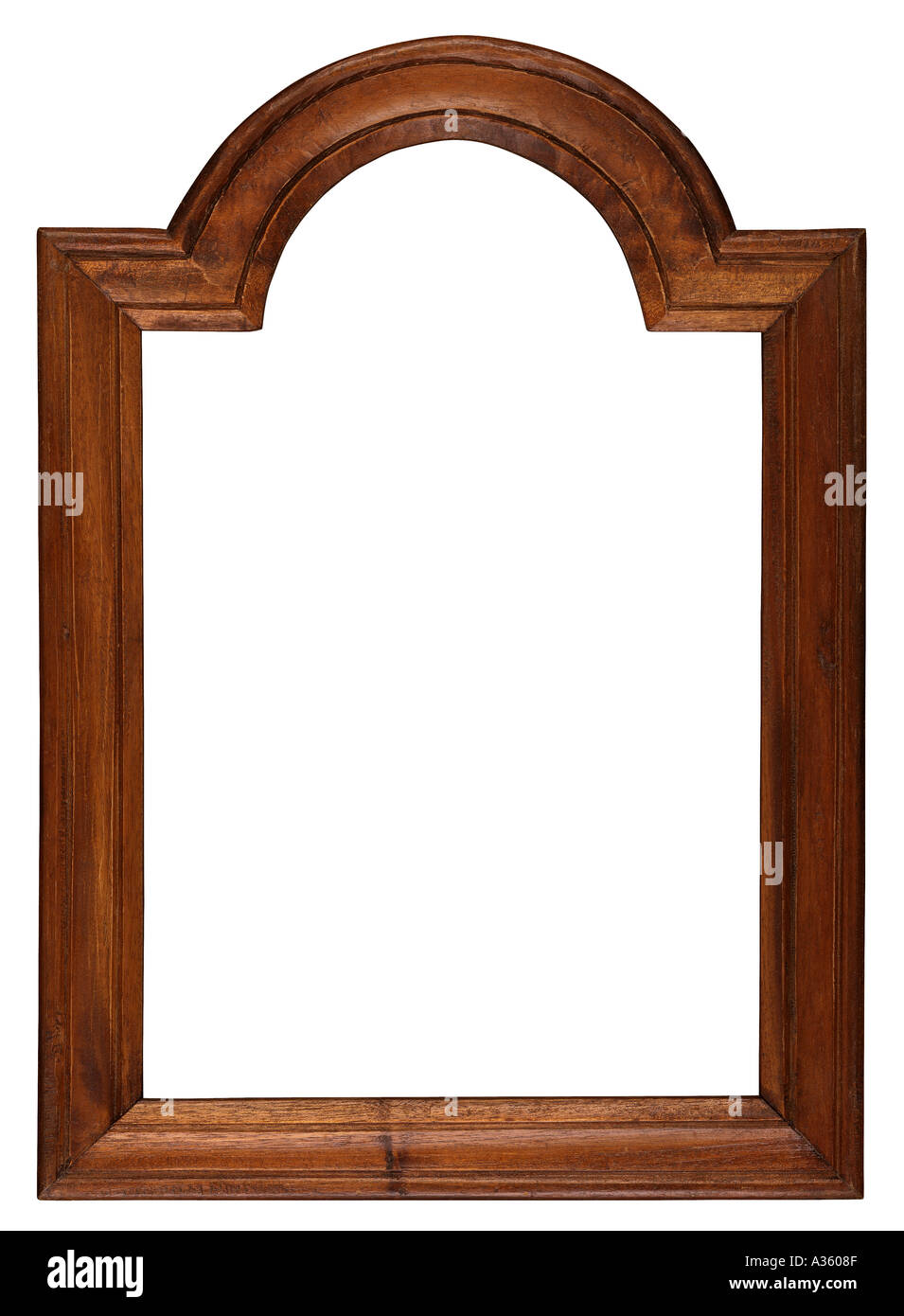 A vertical rectangular wooden frame with an arched top and stained in ...