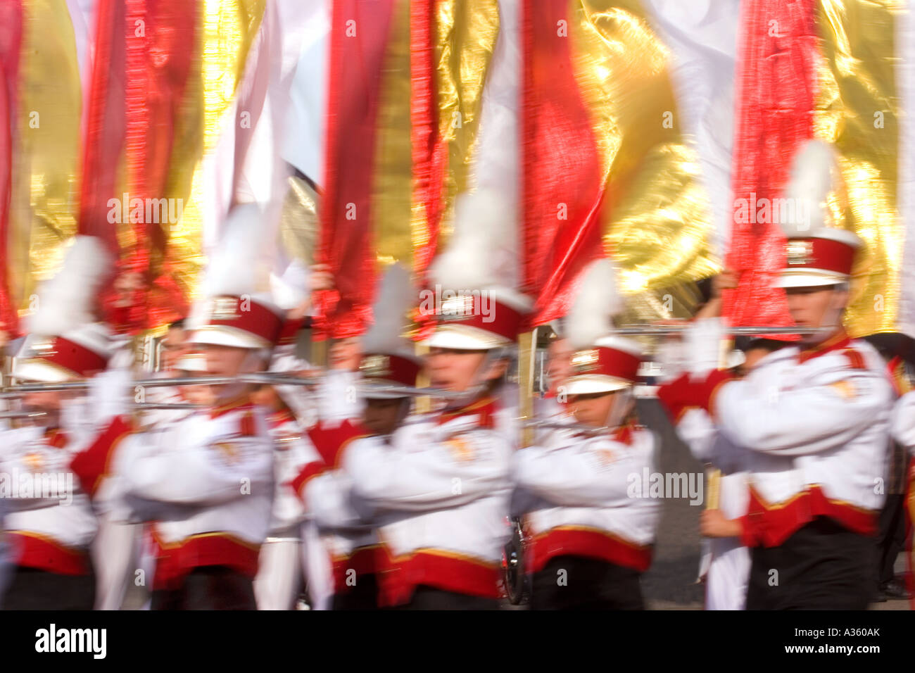 A group of uniformed members of a marching band perform in a parade ...