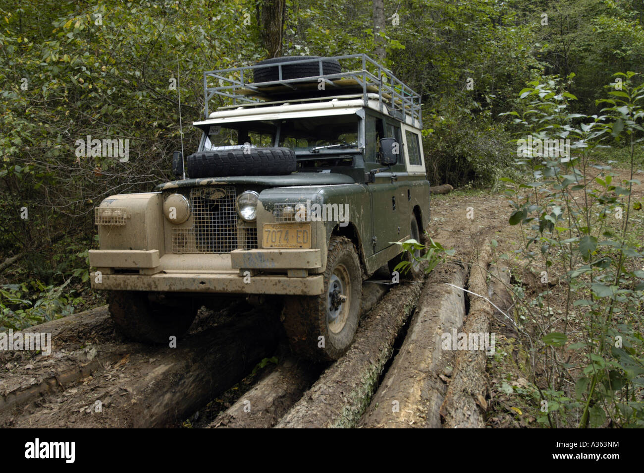 Series 2a Land Rover crossing muddy log bridge Stock Photo - Alamy