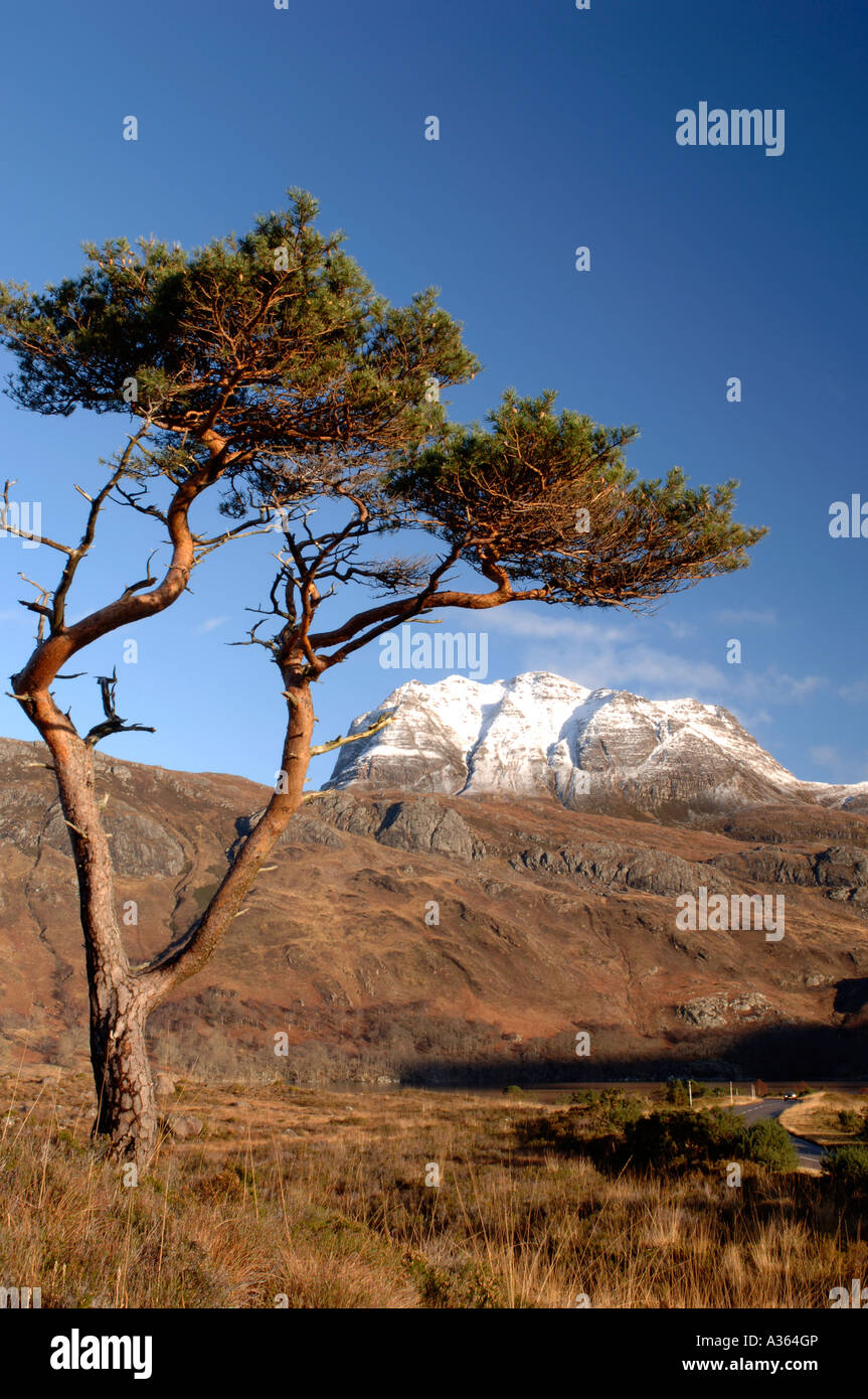 Slioch mountain towers above Loch Maree at Kinlochewe, Wester Ross in ...
