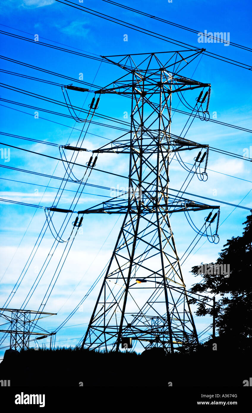 ABOVE, CABLES, ELECTRICITY, COMMUNICATIONS, DAWN, ELECTRIC, PYLON ...