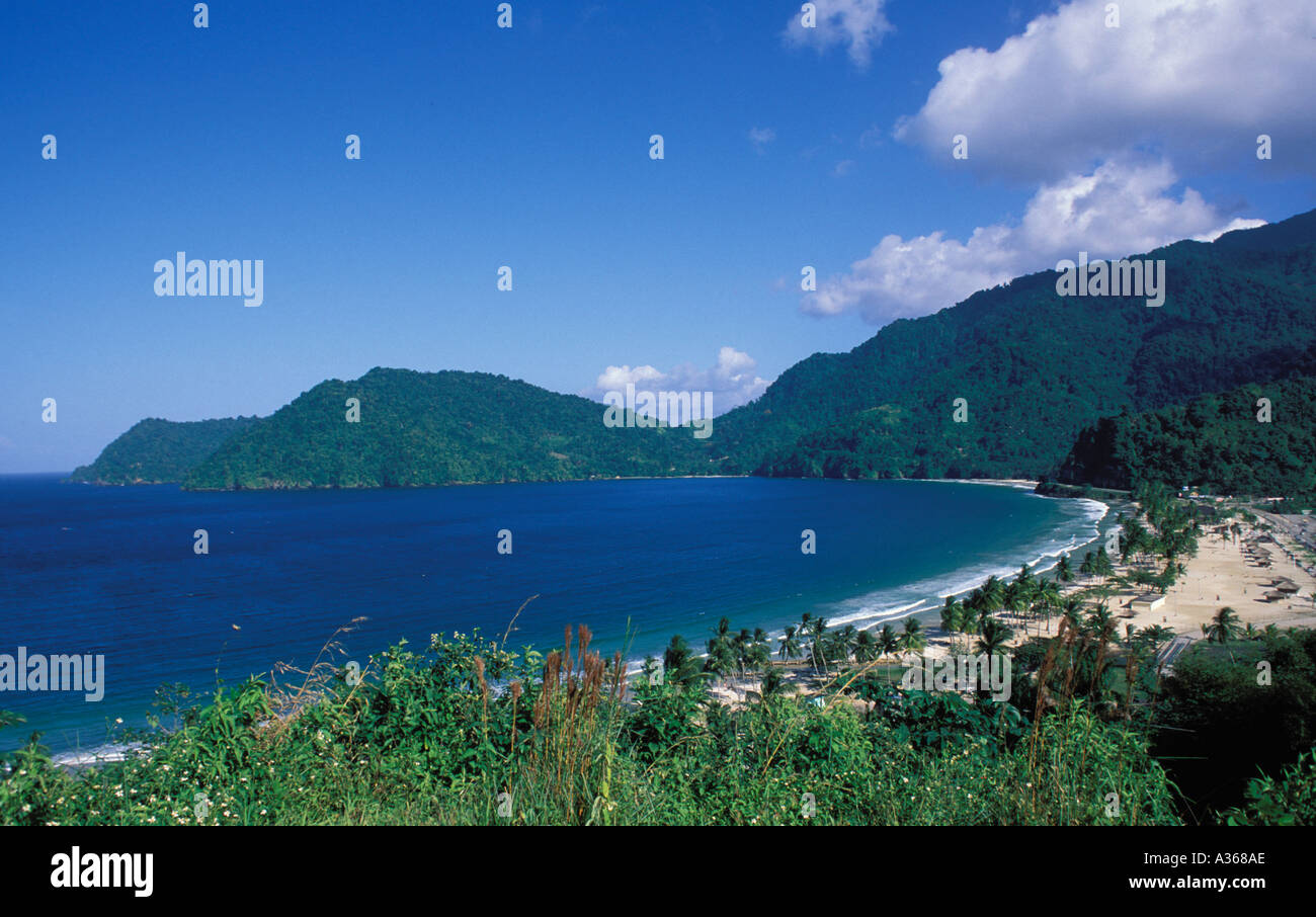 Long view of palm lined Maracas Beach in Trinidad is seen from elevated ...