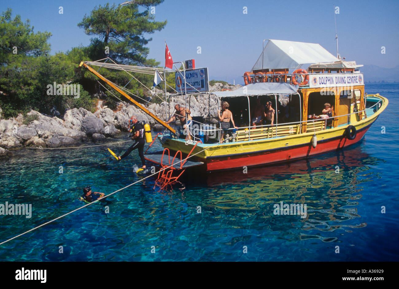 Scuba diver jumping off a dive boat in Fethiye bay Turkey Stock Photo ...