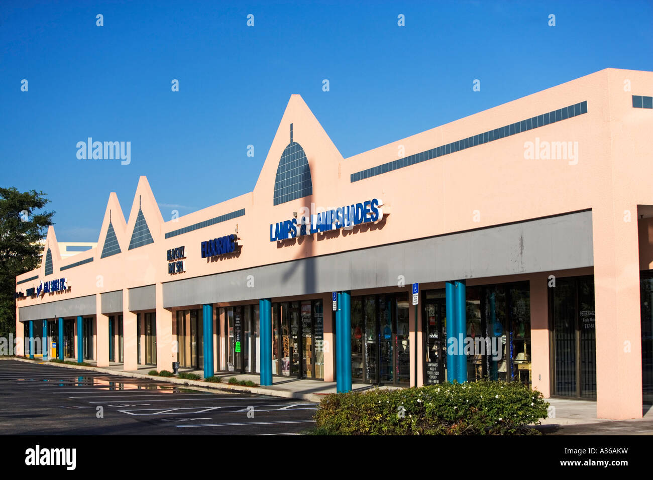 strip mall, shopping, parking, buildings, architecture, in a row, blue ...