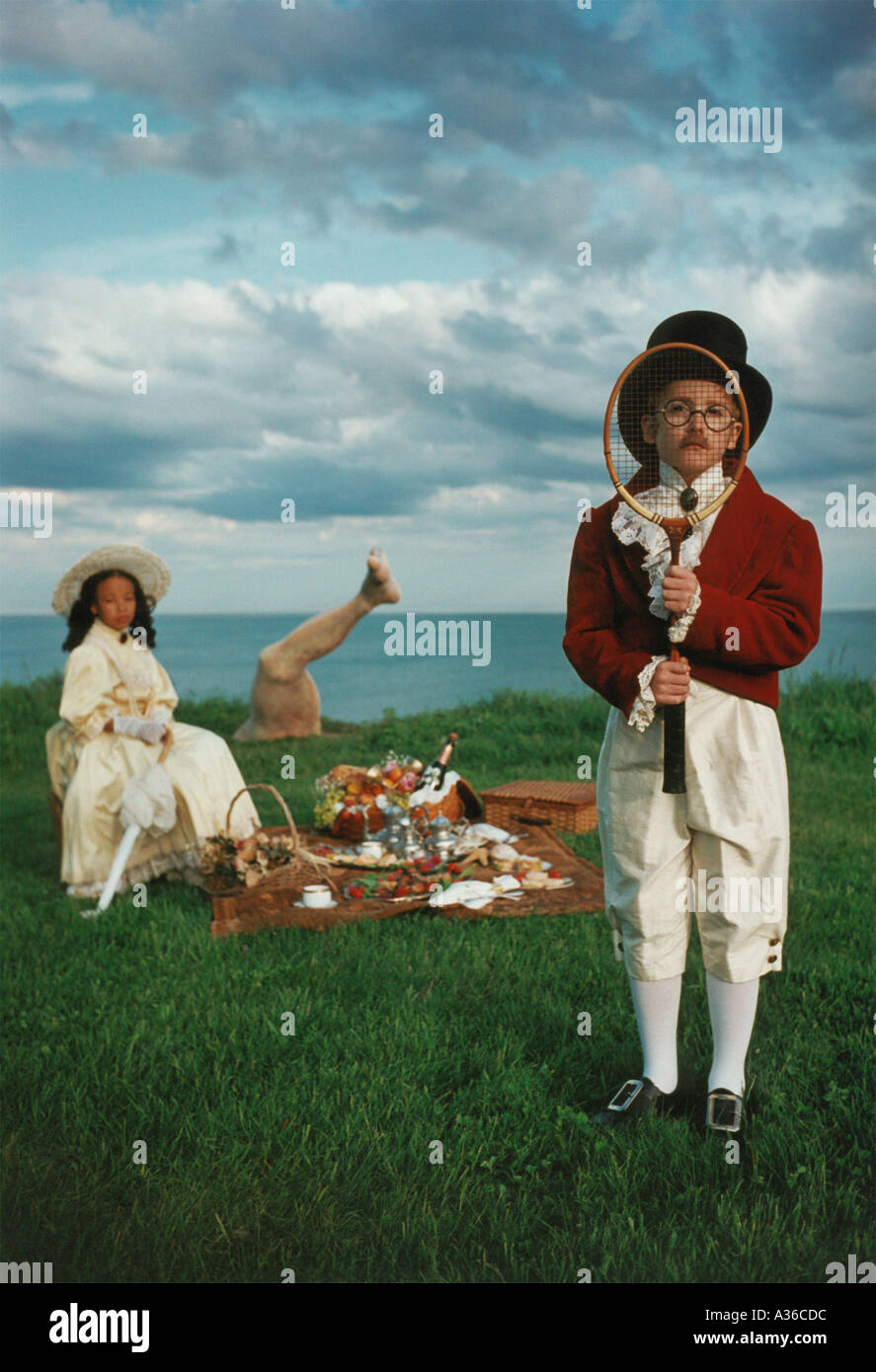 two kids playing in a surreal enviroment Stock Photo - Alamy