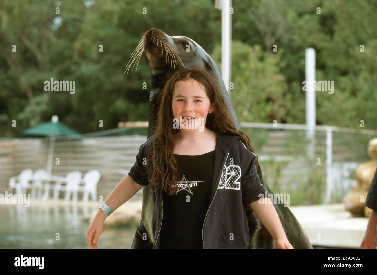 A girl visiting Theatre of the Sea in Islamorada Florida keys is hugged ...