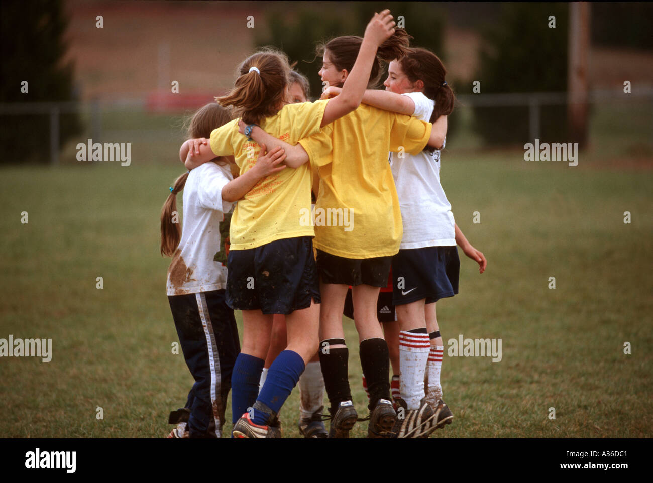 A girl s soccer team is in a huddle cheering on the soccer field Stock ...