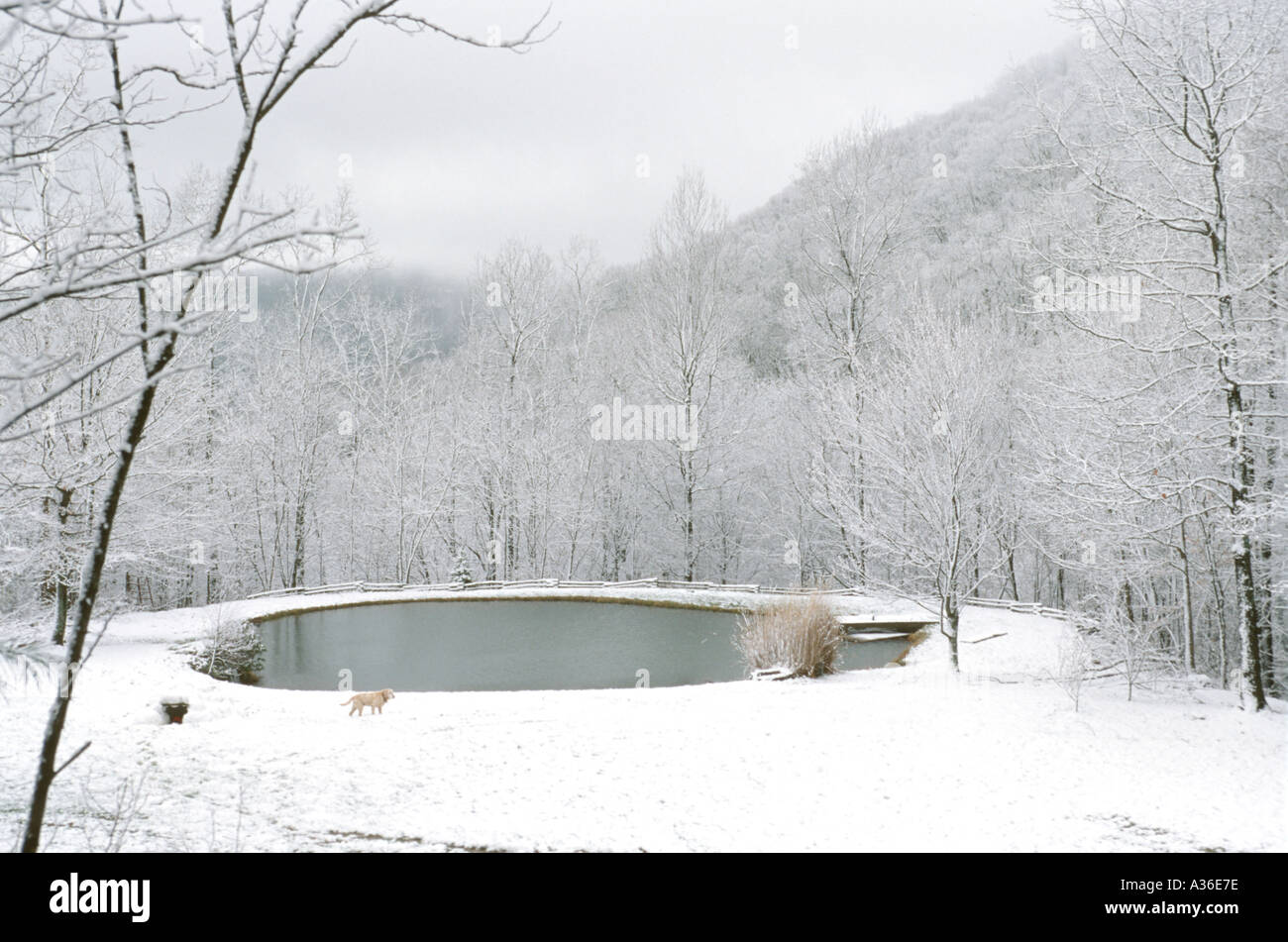 A pond is covered in ice surrounded by snow covered mountains in rural ...