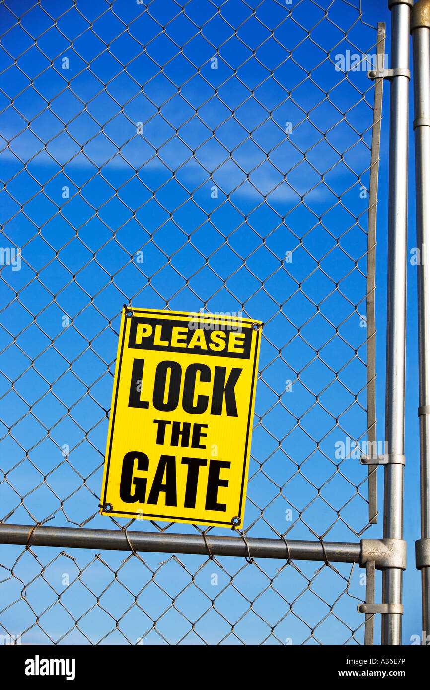 SIGN, INFORMATION, LOCK, GATE, LOCK THE GATE, PLEASE, FENCE, CHAIN LINK ...