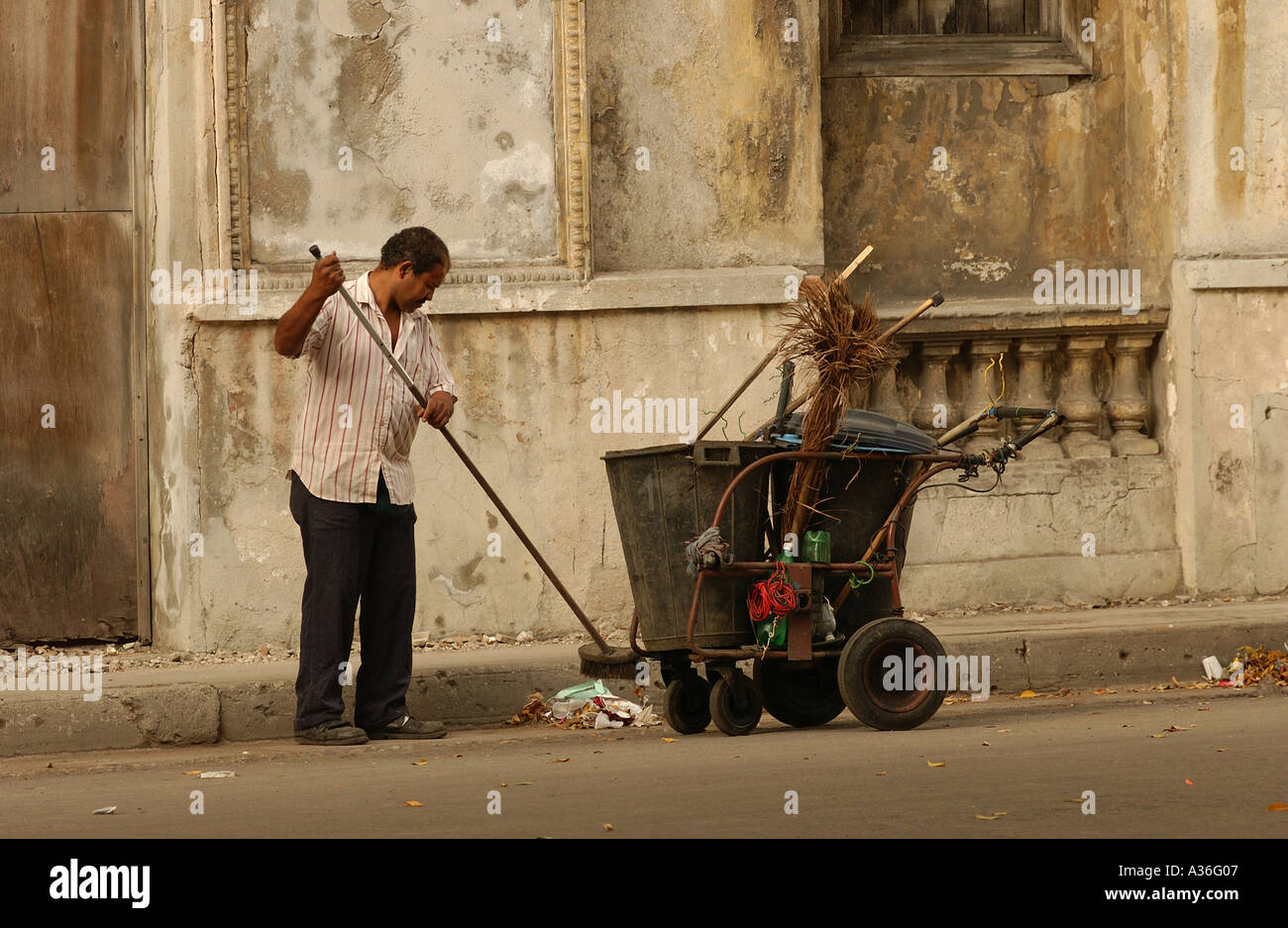 Man sweeping the street Havana Cuba Stock Photo - Alamy