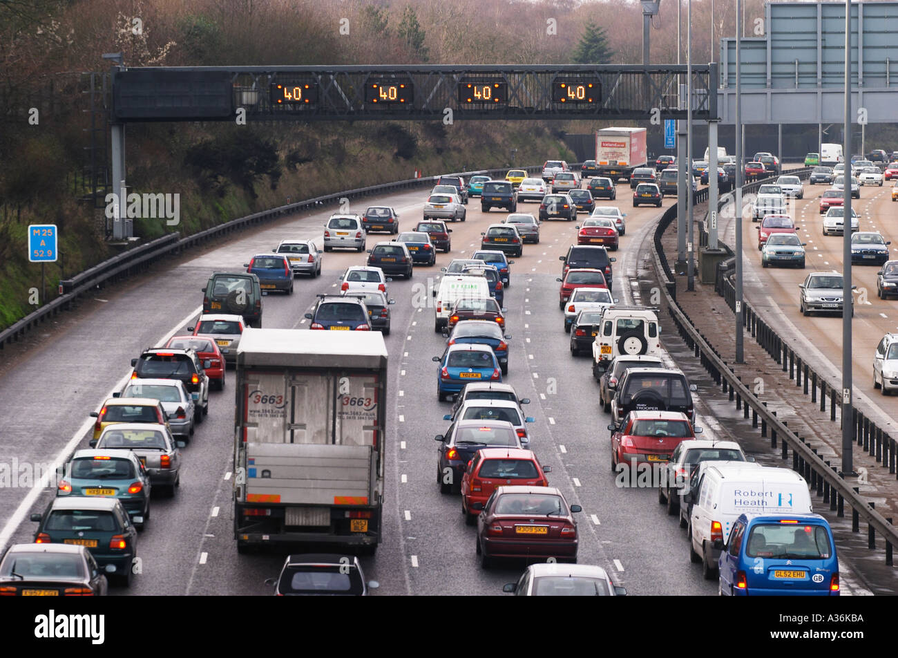 M25 at Junction 8 Reigate Hill blocked with another traffic jam Stock ...