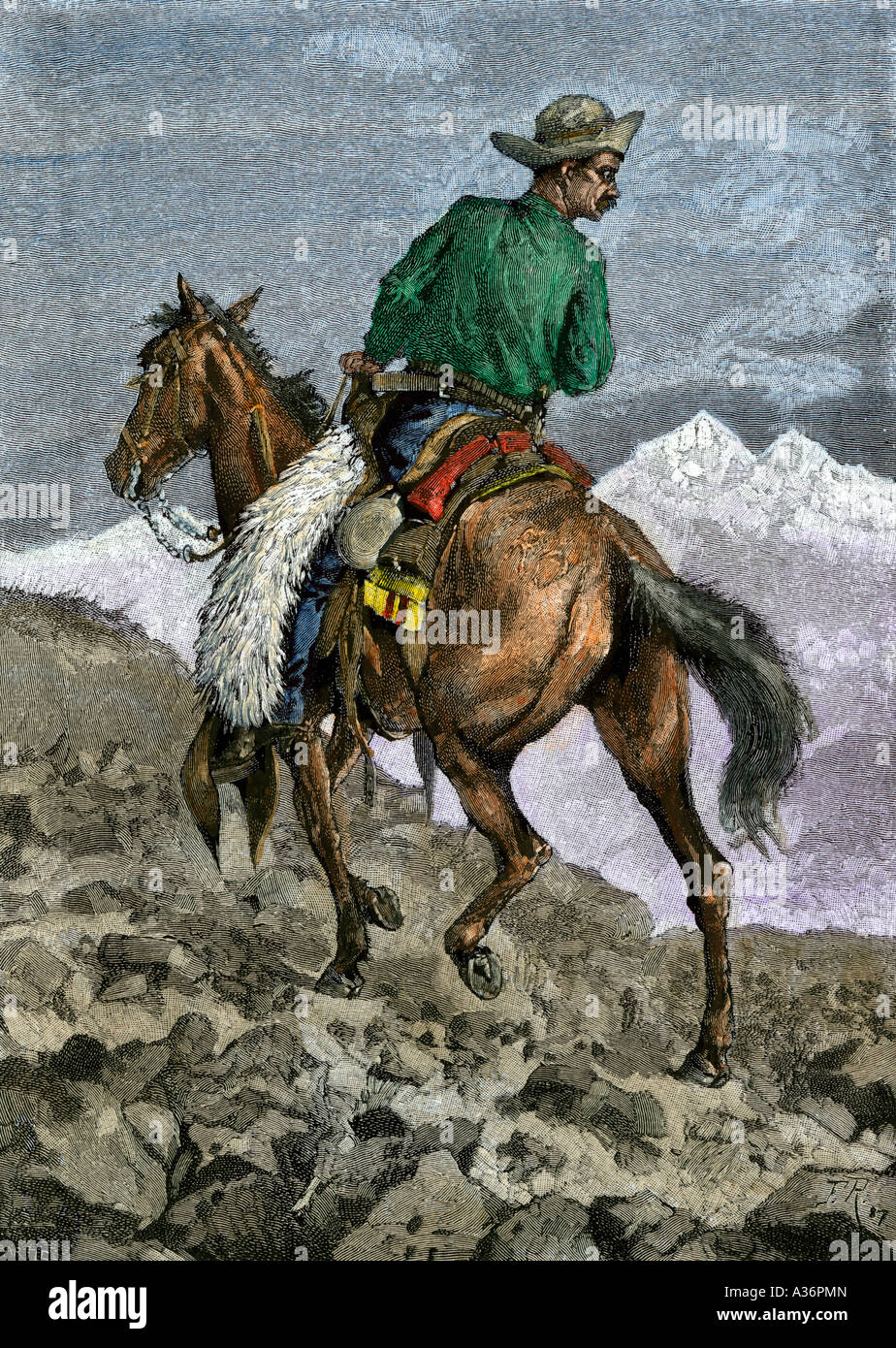 Cowhand searching for stray cattle in the Rocky Mountains. Hand-colored ...