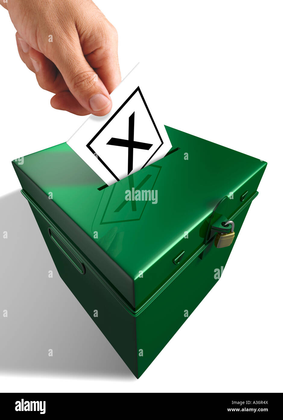 Green coloured ballot box with male hand placing X voting slip in hole ...