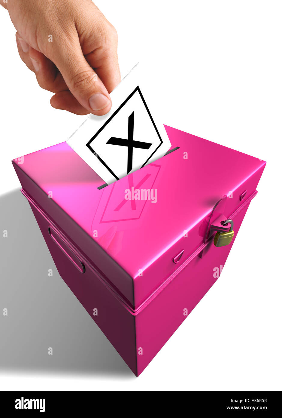 Pink ballot box with male hand placing X voting slip in hole in lid ...