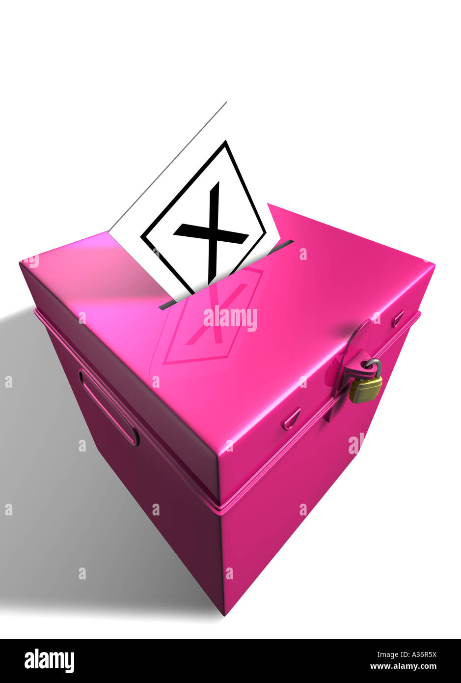 Pink ballot box with X voting slip in hole in lid Stock Photo - Alamy