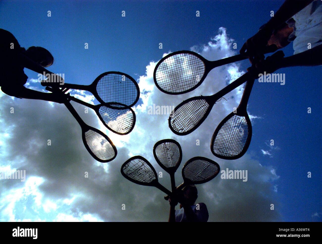 Antique tennis racquets at a sale of vintage sporting equipment Stock ...