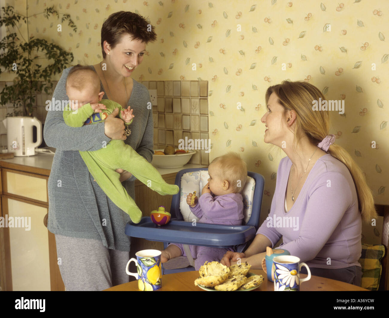 Women with their babies chatting and laughing together in a kitchen ...