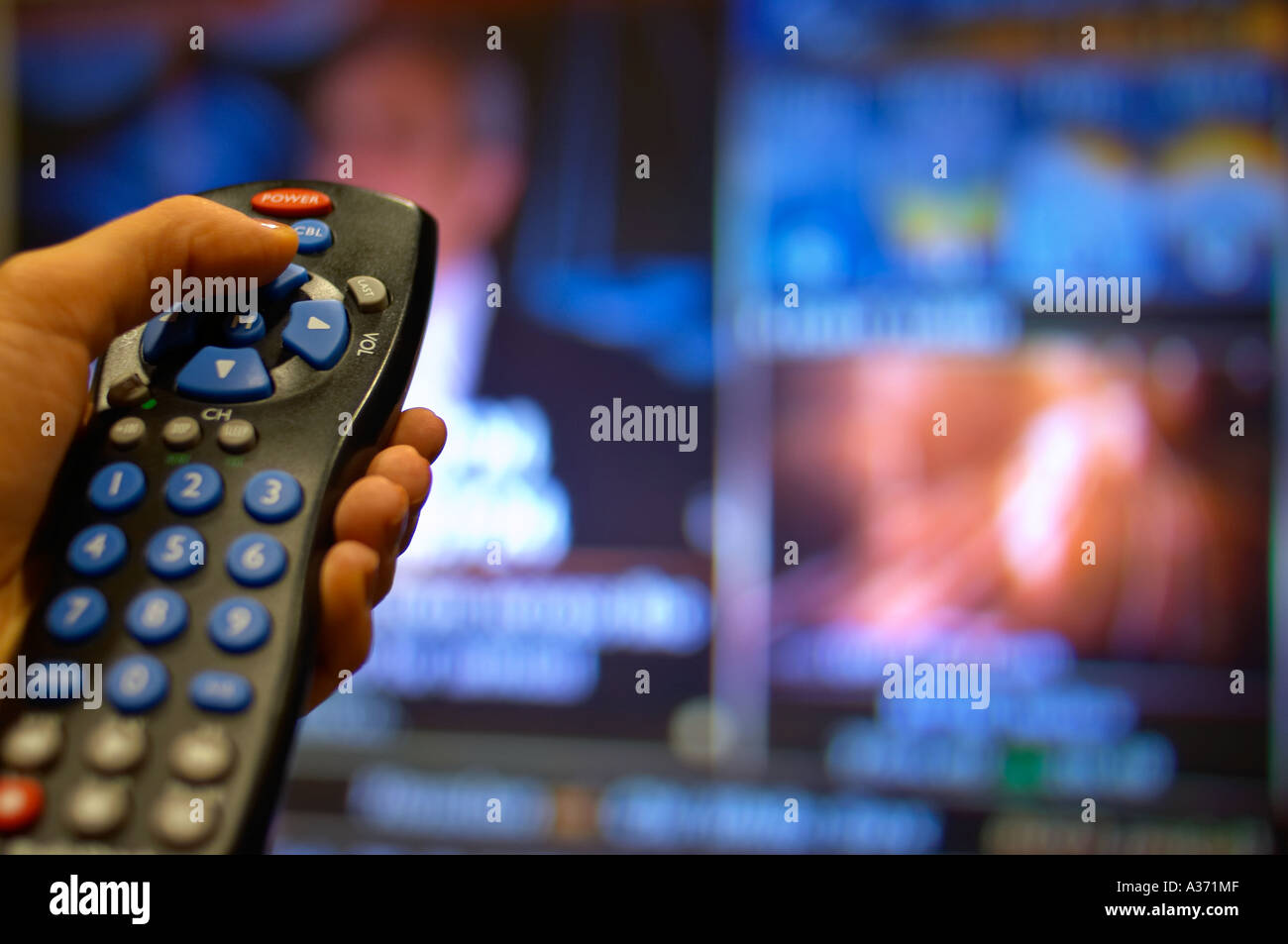 Woman's hand on remote control, surfing channels. Watching TV - news ...