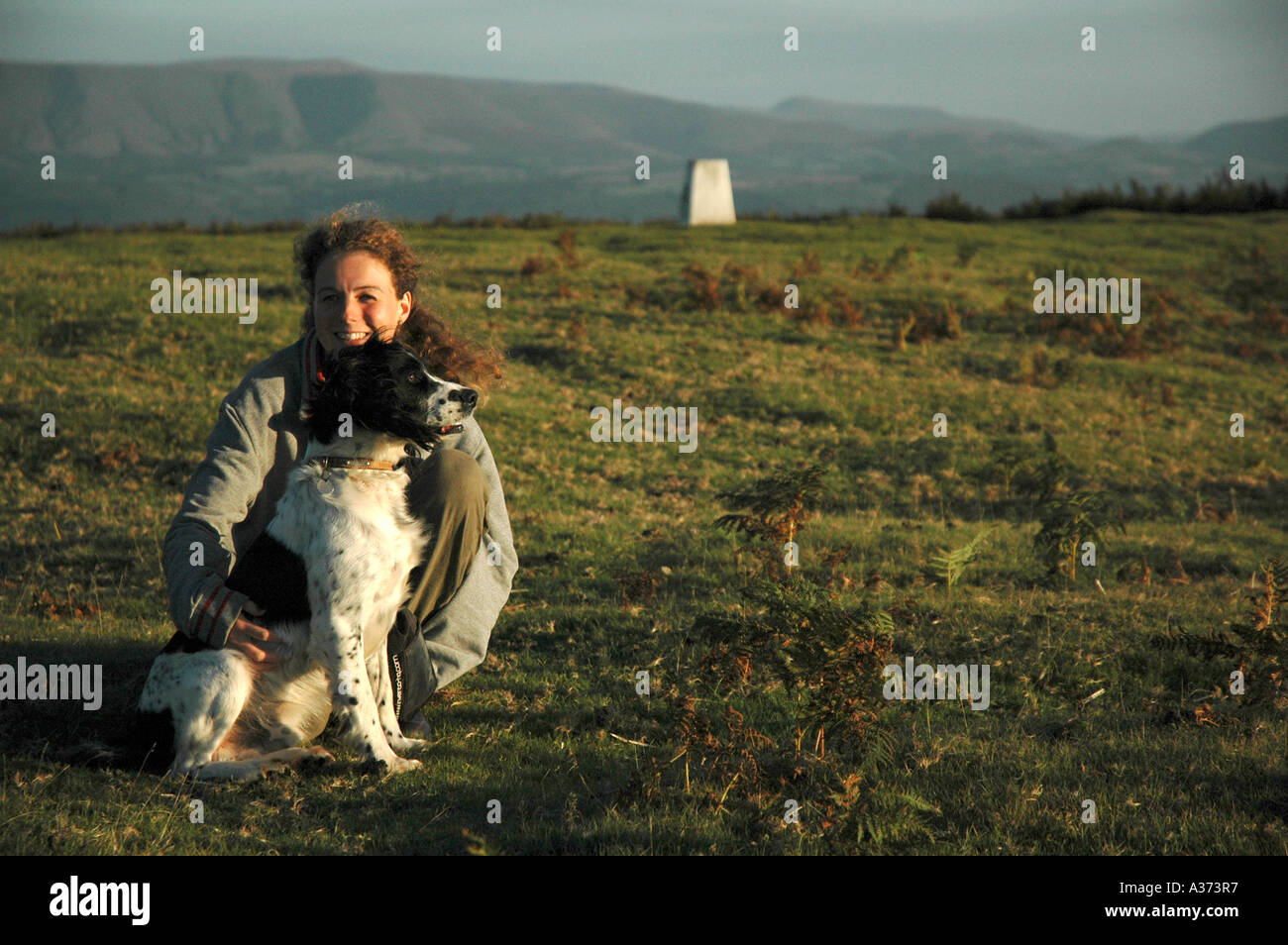 Walker and Dog Trig Point Begwyns Black Mountains Brecon Beacons Mid ...