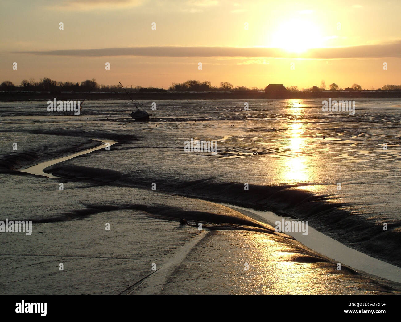 Winding mud channel at sunrise Heybridge Basin Essex England Stock ...