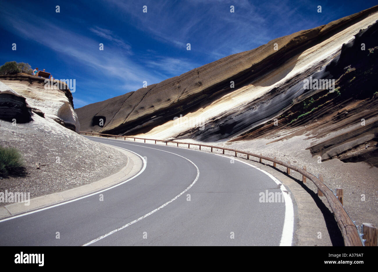 Road bend and cross section of the ground in Mount Teide national park ...