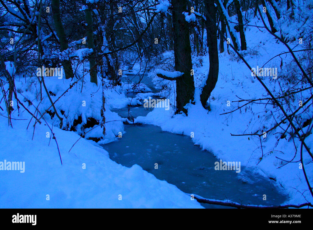 Frozen creek winding through a snowy forest in Czechia Stock Photo - Alamy