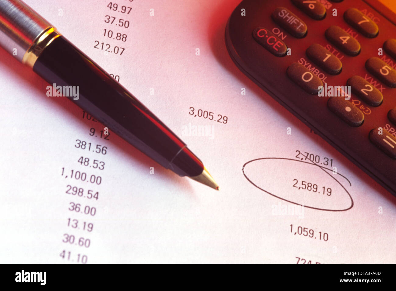 Fountain pen, calculator and financial statement Stock Photo - Alamy