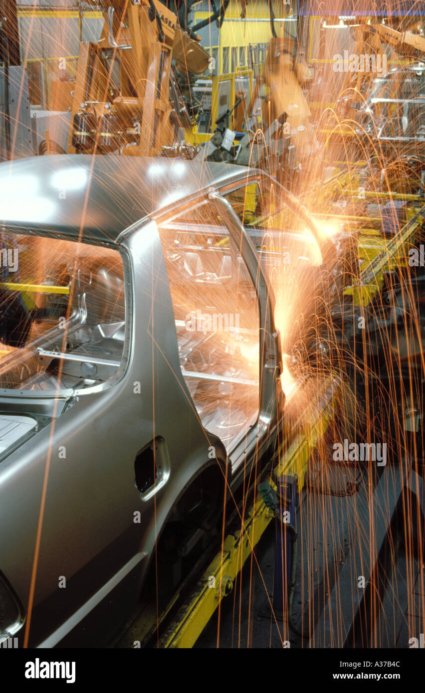 Spot welding robotics on assembly line at Saab plant in Sweden Stock ...