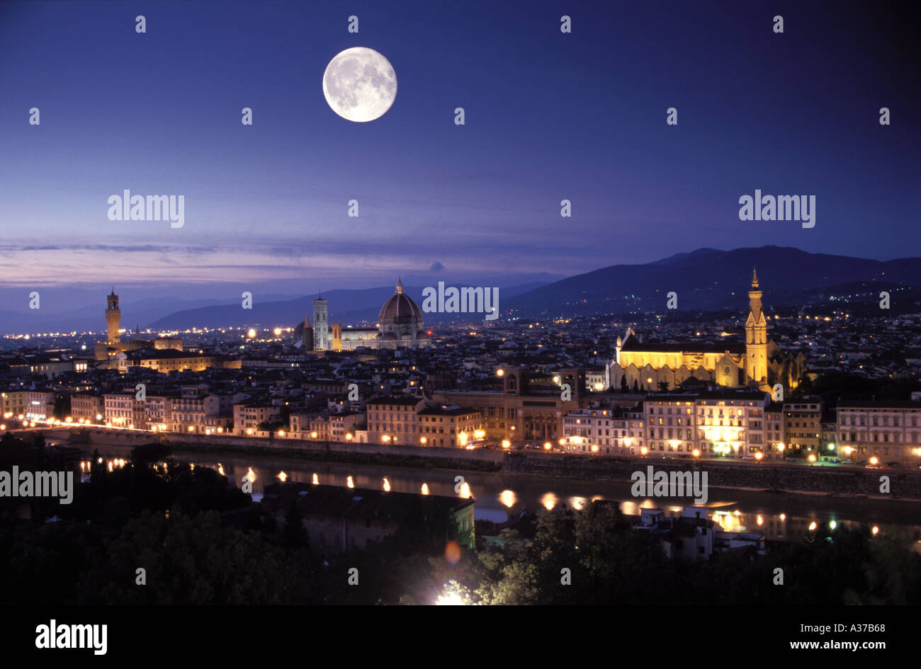 Moon over Florence and Arno River with Piazza della Signoria left Duomo ...