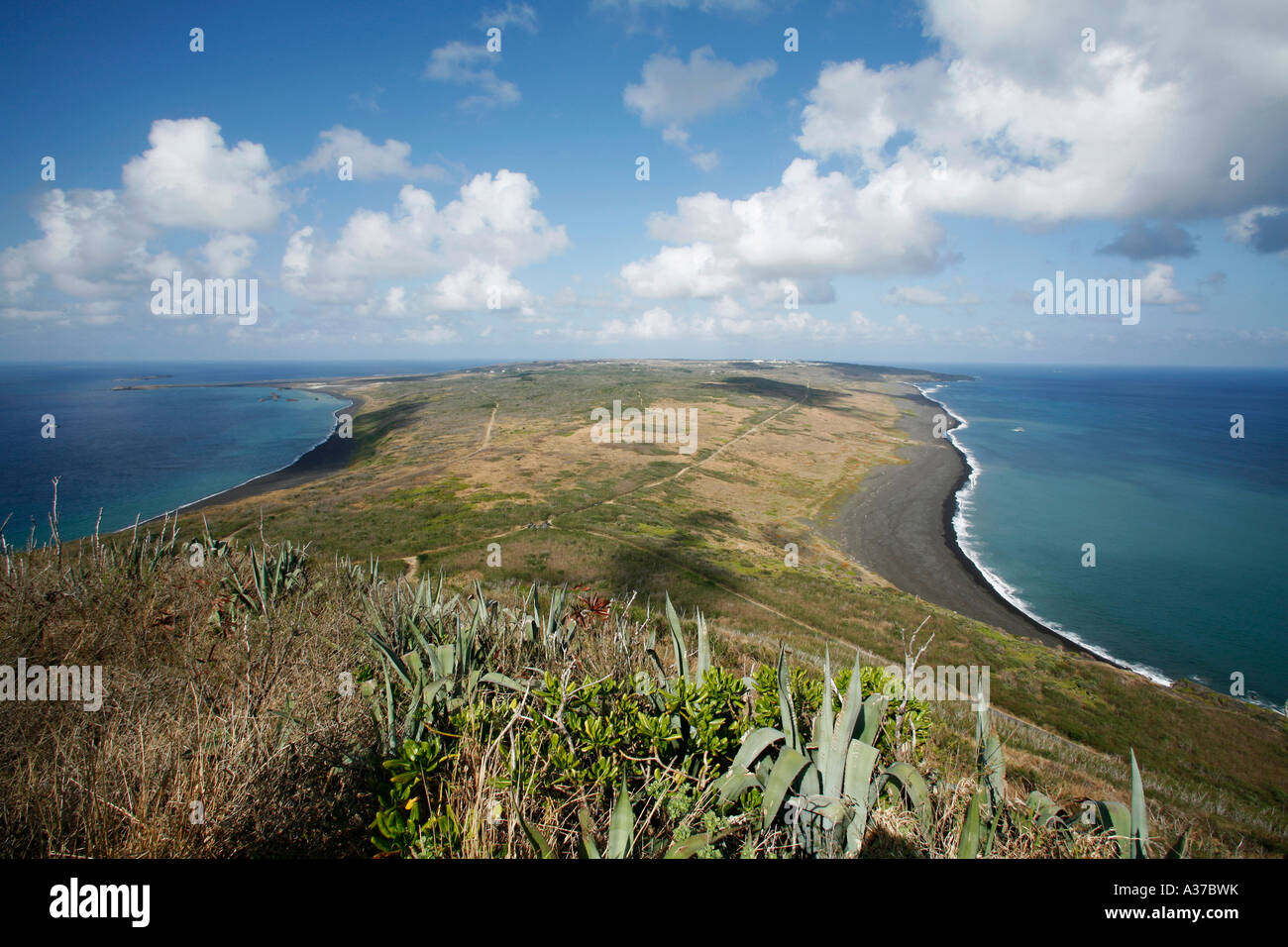 An overview of the World War II battle site on Iwo Jima from summit of ...