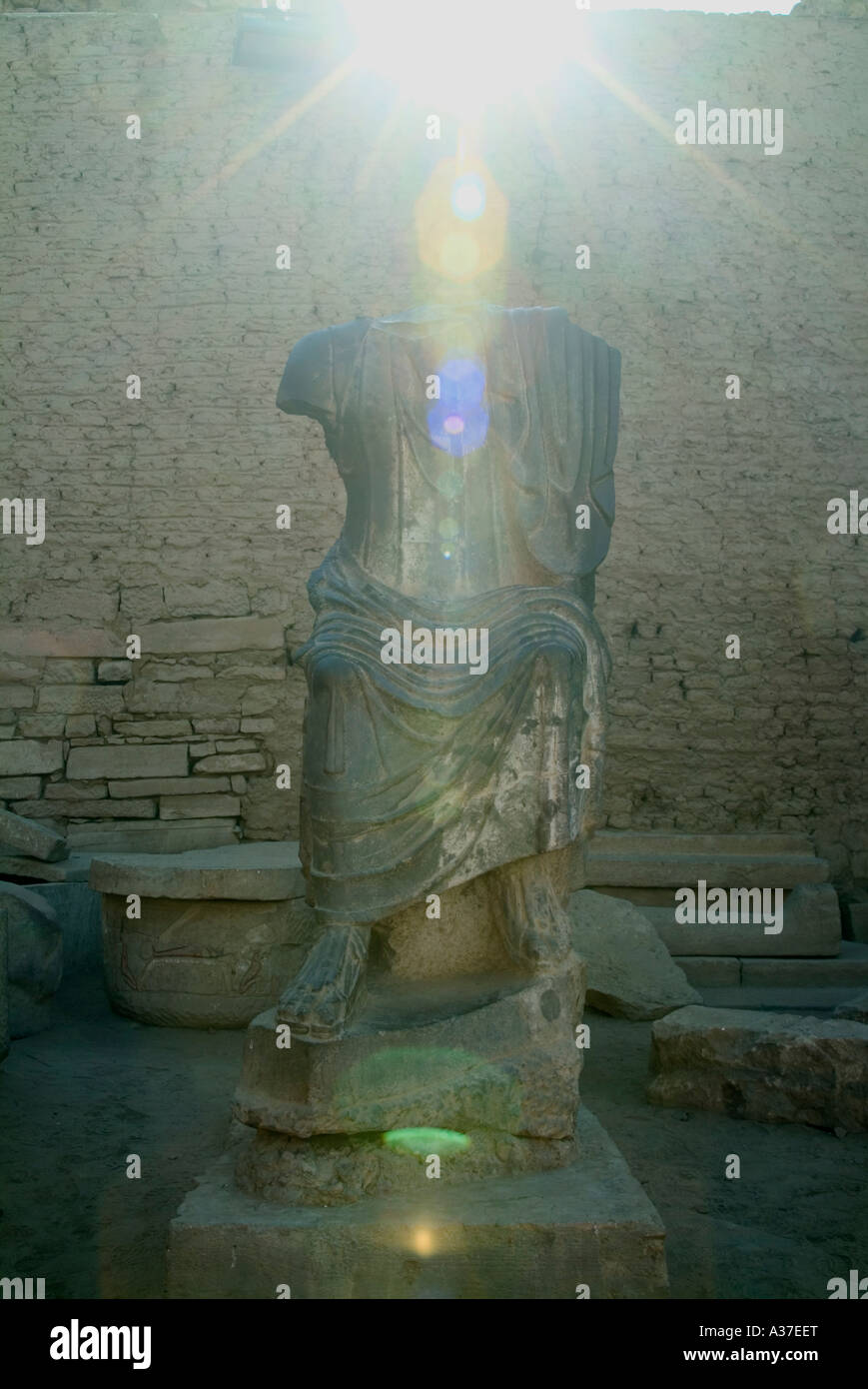 Egyptian ancient statue rays of light over head Temple of Kom Ombo Nile ...