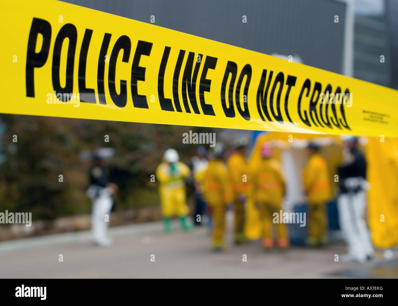 A police line in front of a hazmat decontamination shower Stock Photo ...