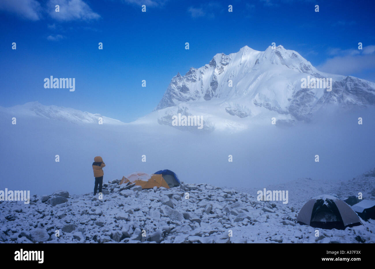 Cho Oyu Advanced base camp 5850 metres. View over the Gyabrag Glacier ...