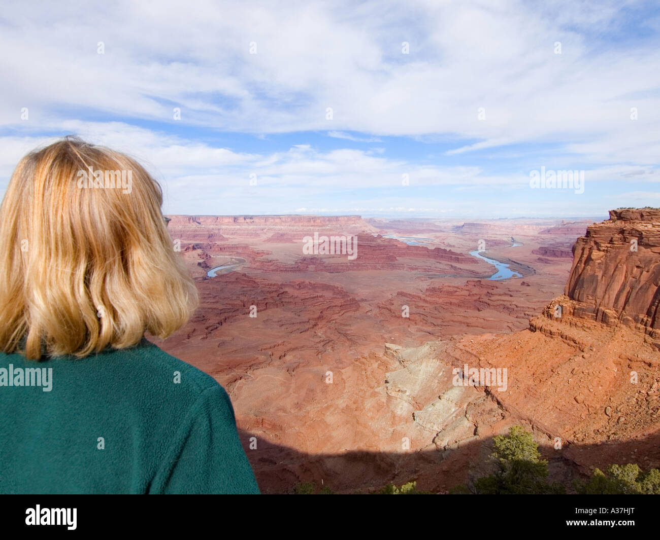 Woman overlooks Colorado River and red rock splendor from a huge cliff ...