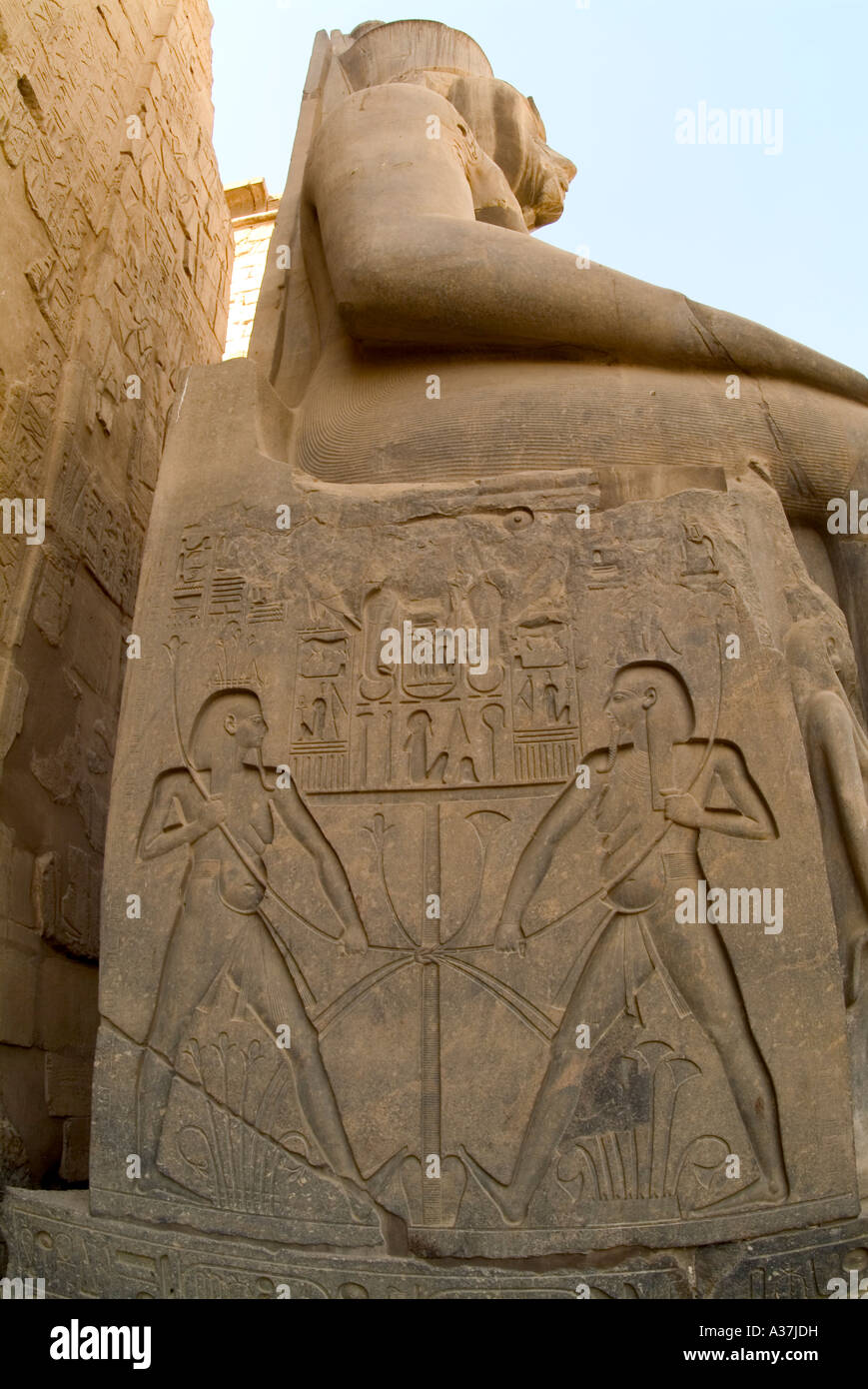 Luxor Temple Thebes hieroglyphics figures colossal statue pharaoh side ...