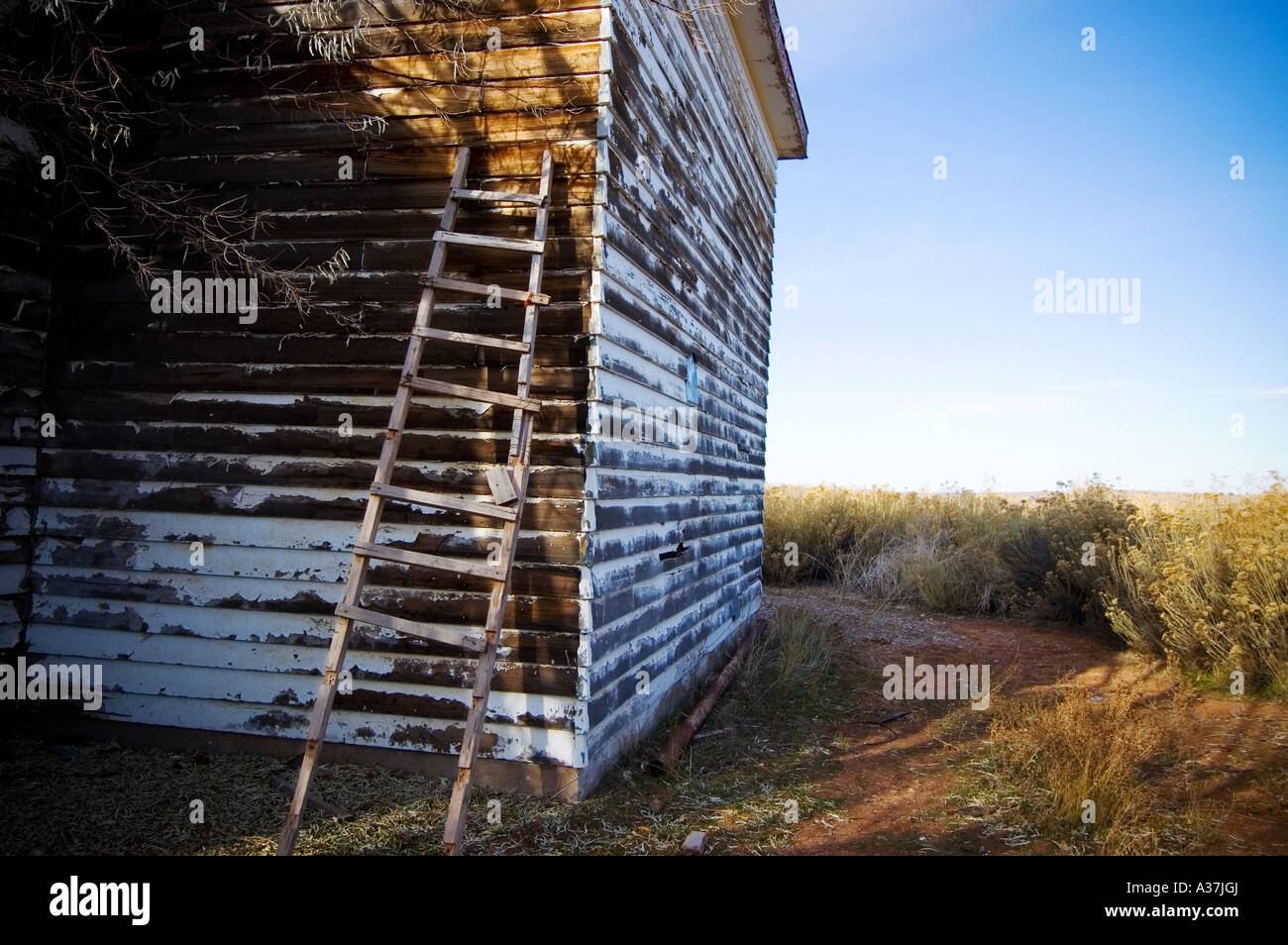 Old rickety ladder leaning against an old decrepit building Stock Photo ...