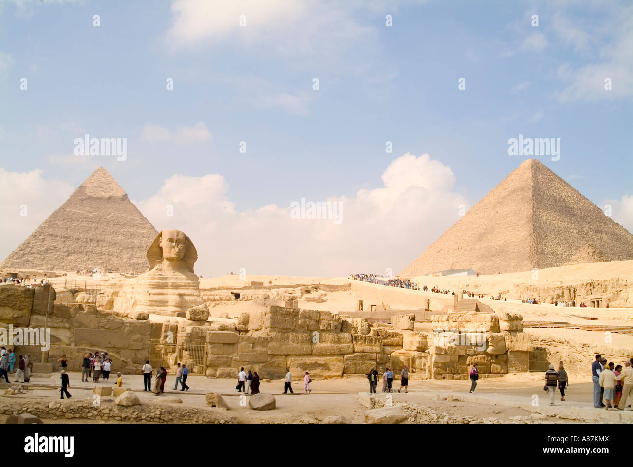 Giza pyramids of Khufo Cheops Khafre Chefren plateau front view facing ...