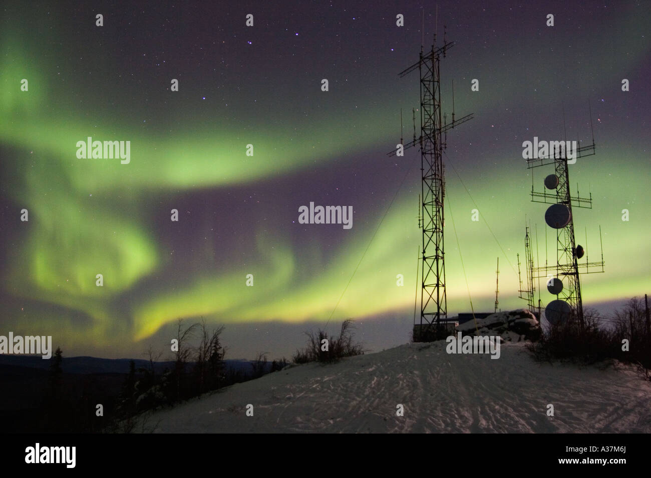 Aurora Borealis above scientific antennas Stock Photo - Alamy