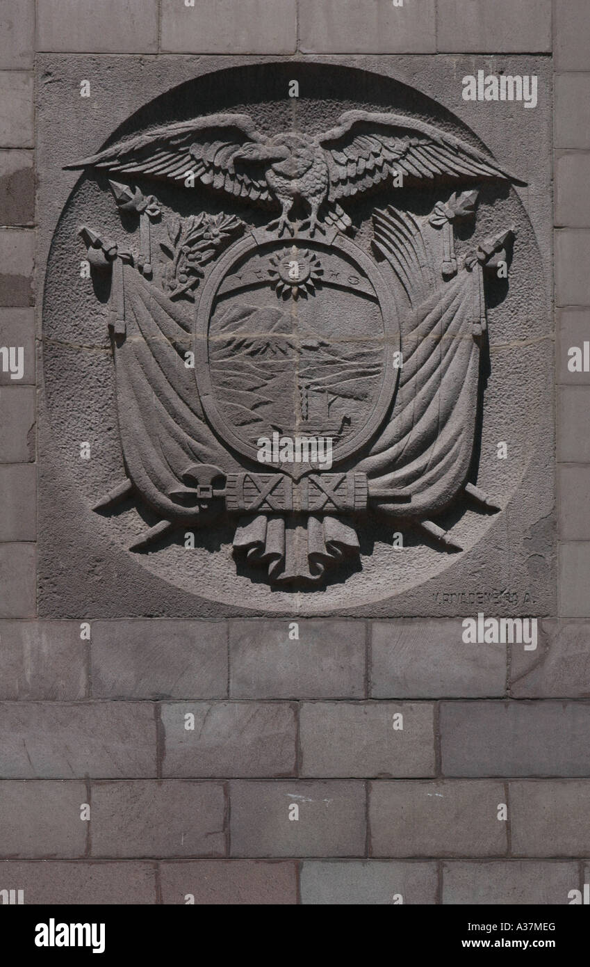 National Emblem of Ecuador carving on the stone base of the Monument ...