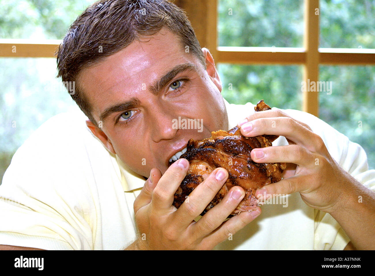 Mann isst eine gegrillte Haxe, man eating knuckle of pork Stock Photo ...