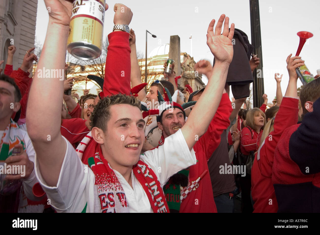 Fans Celebrating after Wales Win the Rugby Grand Slam 2005 City Hall ...