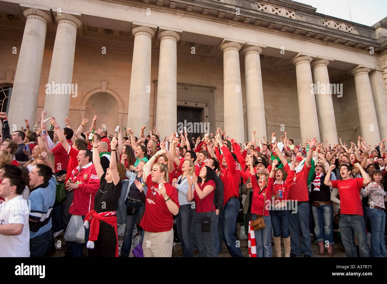 Fans Celebrating Wales Winning the Rugby Grand Slam 2005 City Hall ...