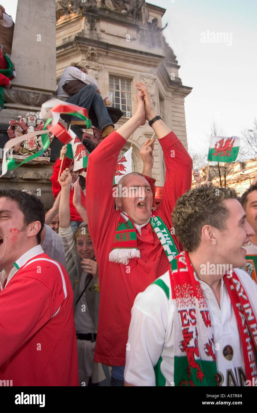Fans Celebrating after Wales Win the Rugby Grand Slam 2005 City Hall ...