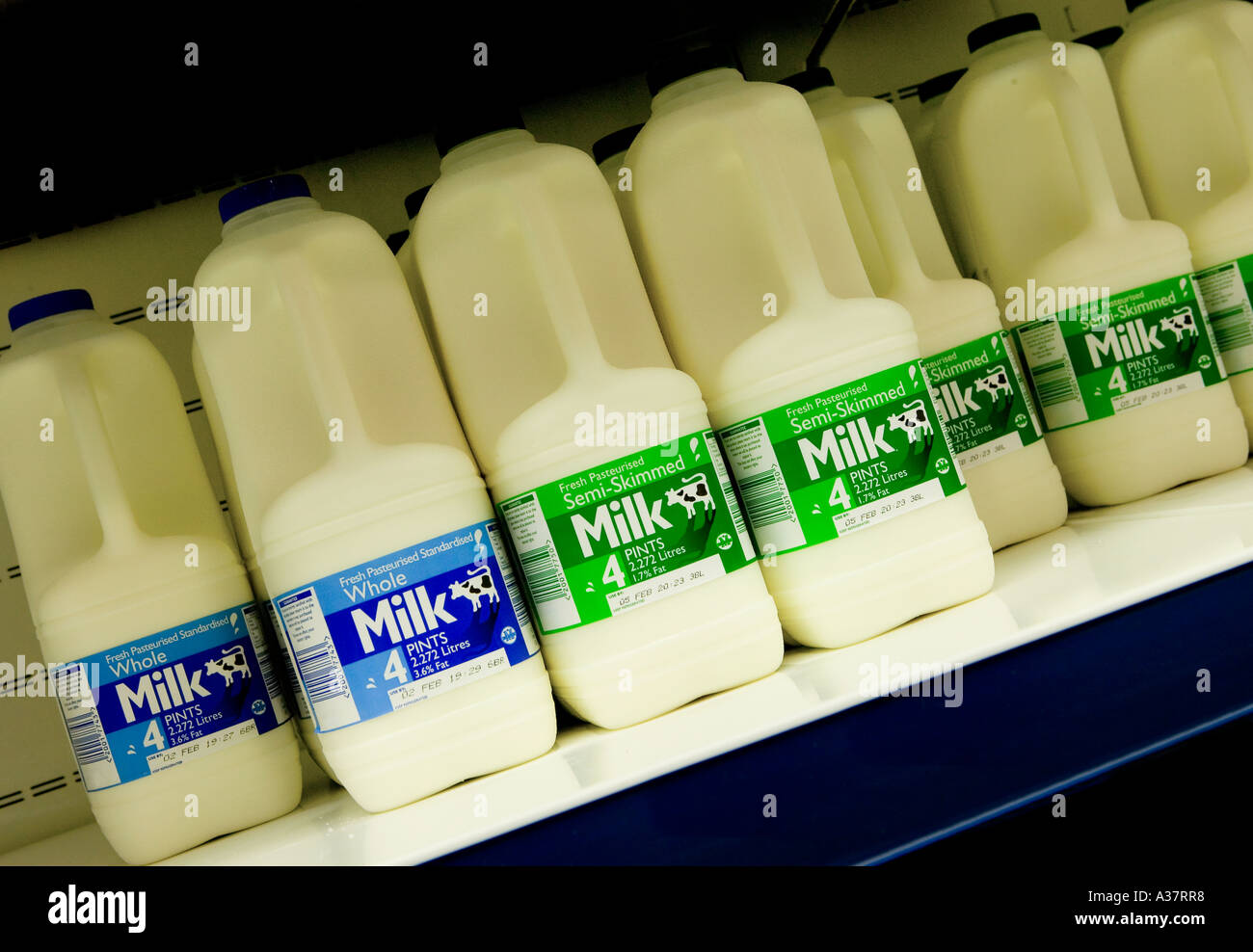 Plastic cartons of milk on supermarket shelf Wales UK Stock Photo - Alamy