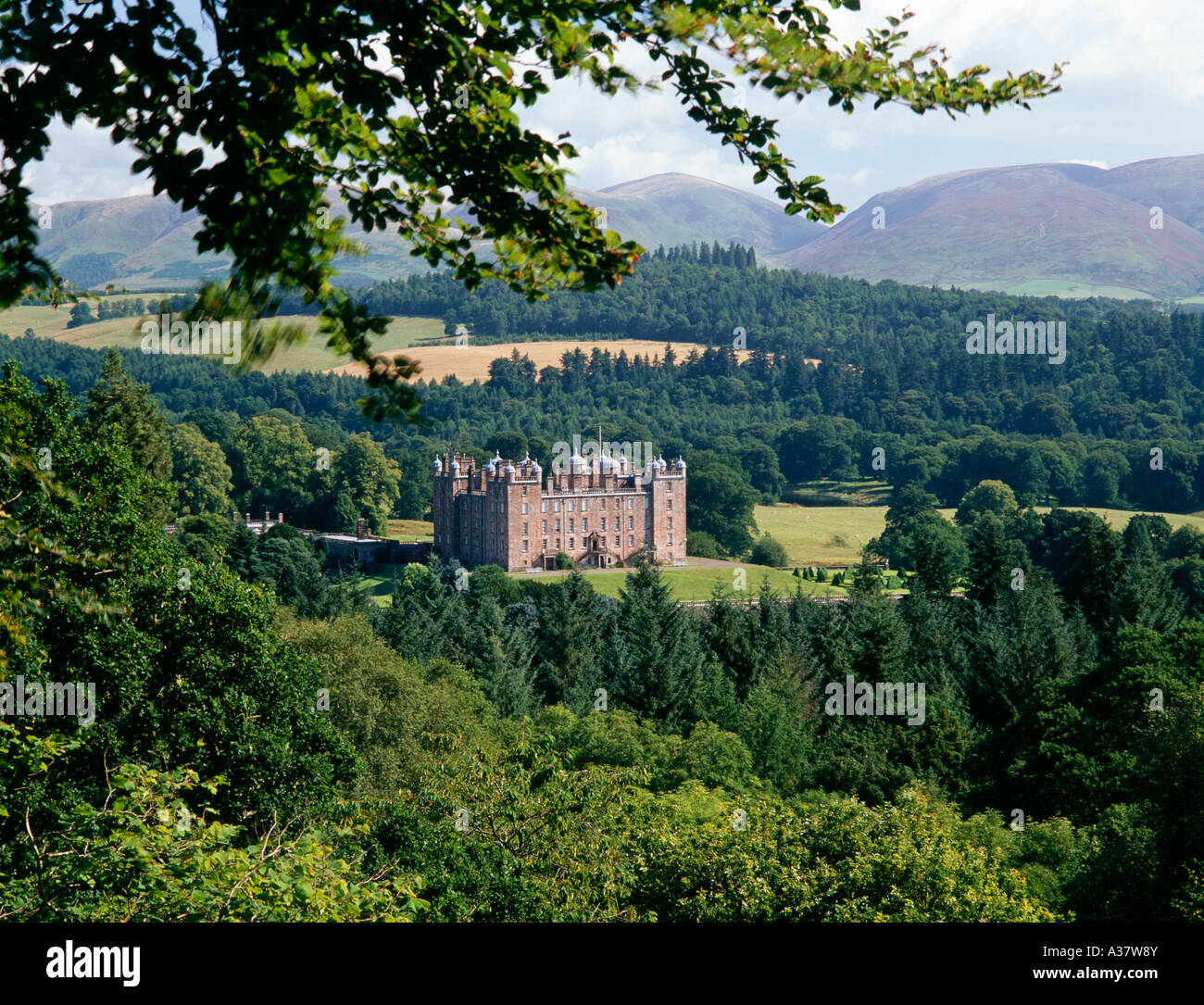 Summer landscape looking down in Drumlanrig Castle with the rolling ...