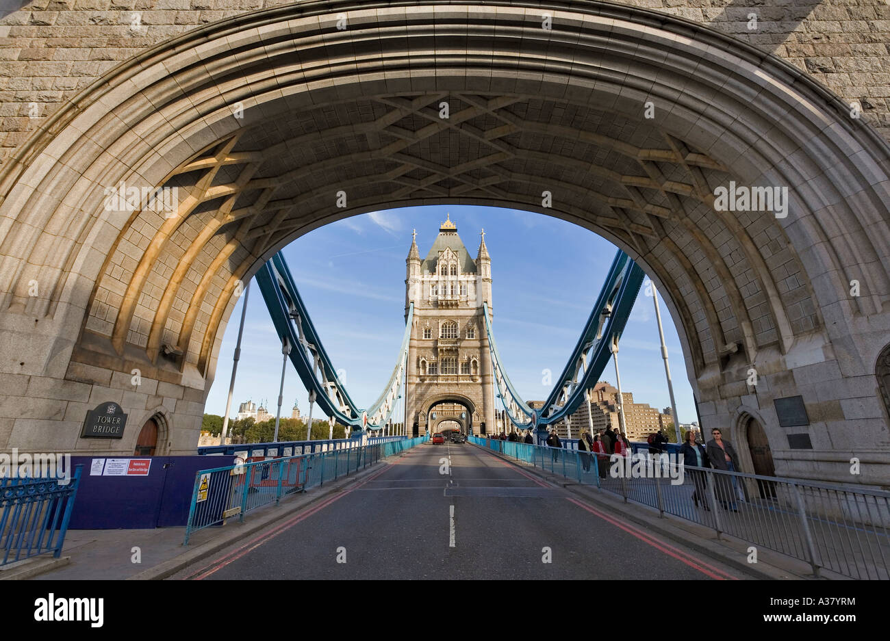 Tower Bridge London. View of the north tower through the arch of the ...