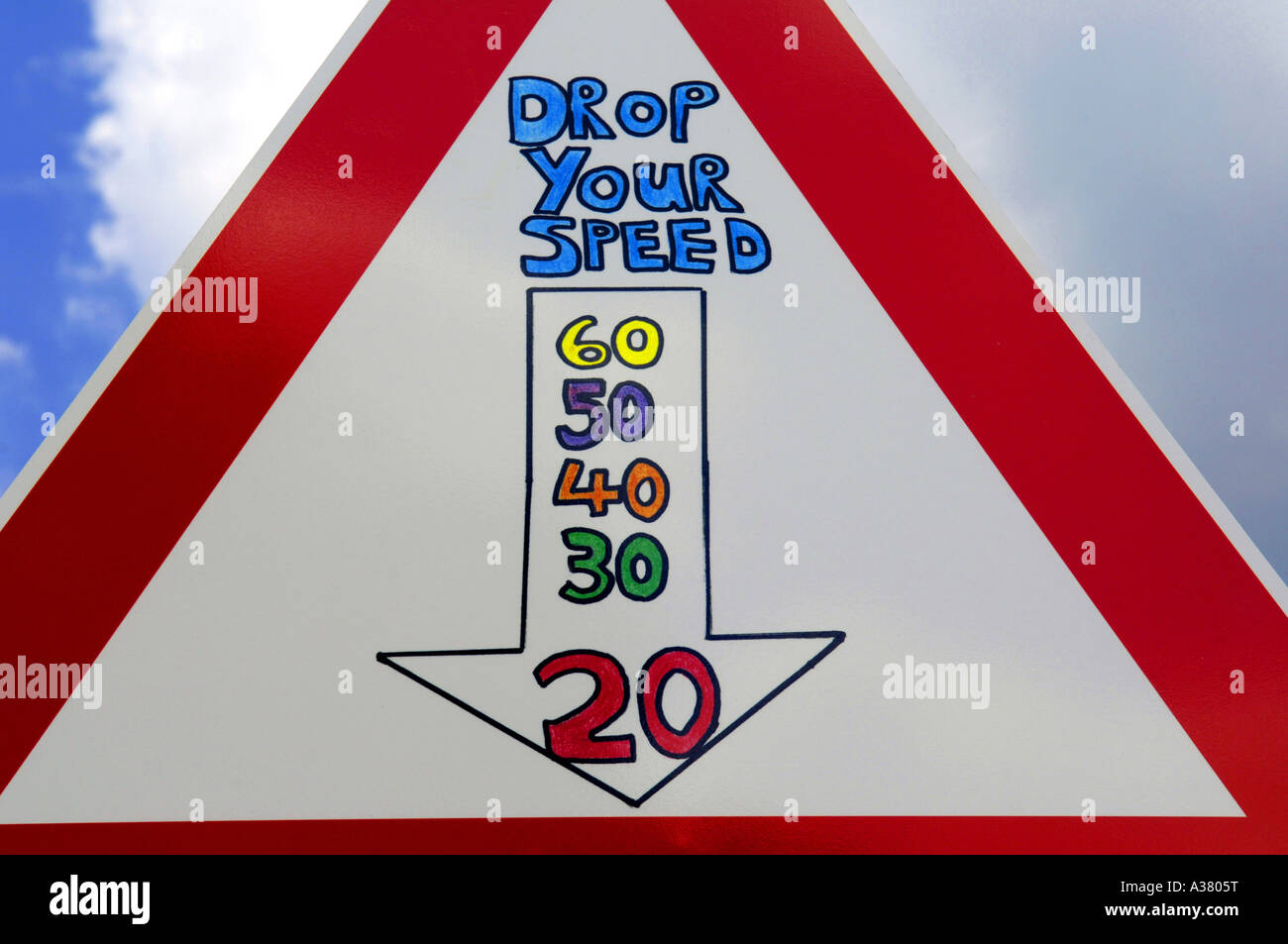 slow down red triangle road sign traffic calming measures blue sky ...