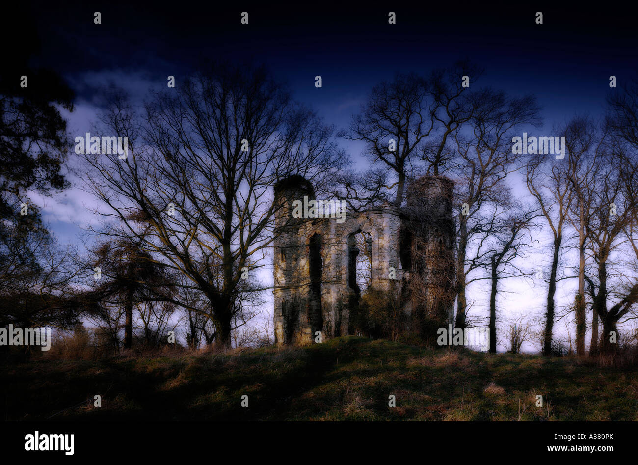 Derelict church tower by moonlight at Stone Buckinghamshire Stock Photo ...